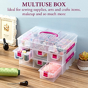 MyGift 11 Inch Clear Arts and Crafts Stackable Container, Sewing Supplies Storage Organizer Case with Pink Accents, 24 Customizable Compartments, and 6 Drawers with Removable Dividers