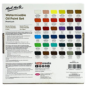 Mont Marte Premium H2O Water Mixable Oil Paint Set, 36 Piece, 18ml Tubes. Mixable with a Range of Mediums. Easily Washes Up with Water.