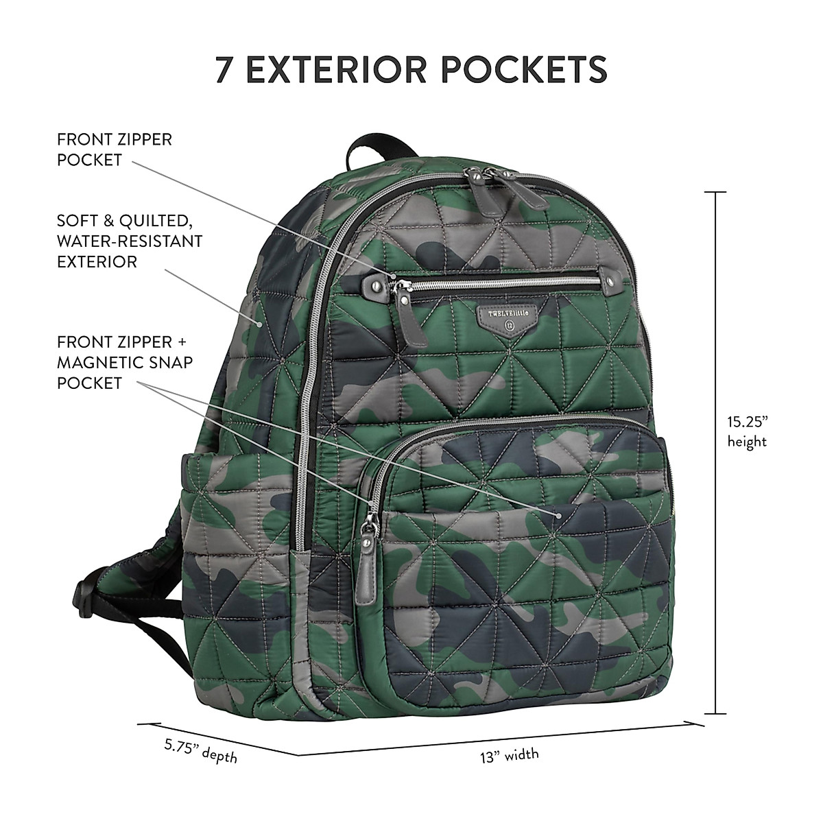 TWELVElittle Companion DiaperBag Backpack (Camo Print) 3.0 *NEW* - Includes Changing Pad & Stroller Clips. Insulated pockets. Fashionable Diaperbag Backpack