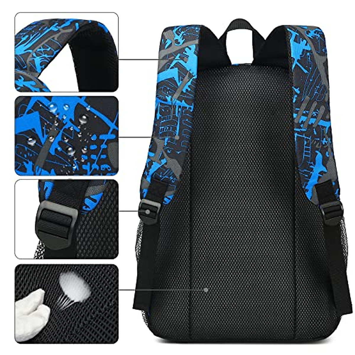 Backpack for Kids Boys Elementary Bookbag 17 Inch Middle School Bag Primary Waterproof Rucksack for Teens Travel Fits Ages 6+ YO（Graffiti-Blue Black)