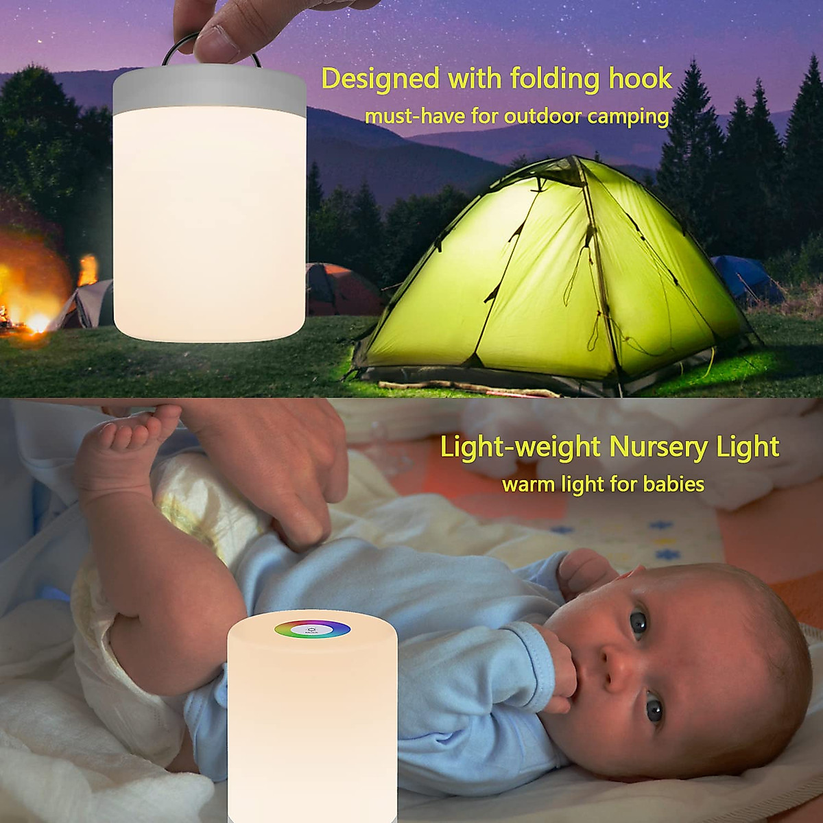 Portable Touch Bedside Nursery Lamp, Night Light,Rechargeable Camping Light, Dimmable Warm Light RGB Color Changing, USB Ports, Night Lights for Bedrooms Kids/Children/Girls, by Zapex 1001 White