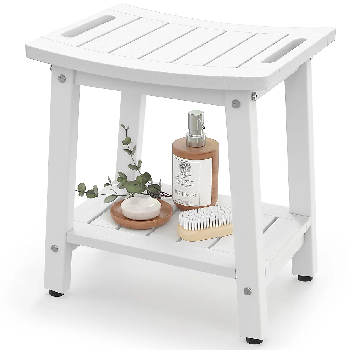 BEKVEM Shower Bench for Inside Shower - White HDPE Shower Stool Waterproof - Spa Bathroom Seat Chair with Handle, Storage Shelf, Adjustable Feet - Indoor/Outdoor, Weather Resistant