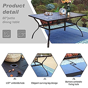 PHI VILLA Patio Dining Set Outdoor Table and Chairs Furniture Set 7 Piece, Large 60.2" Rectangle Bistro Table with Umbrella Hole and 4 Backyard Garden Chairs Support 300LBS for Deck, Lawn, Garden