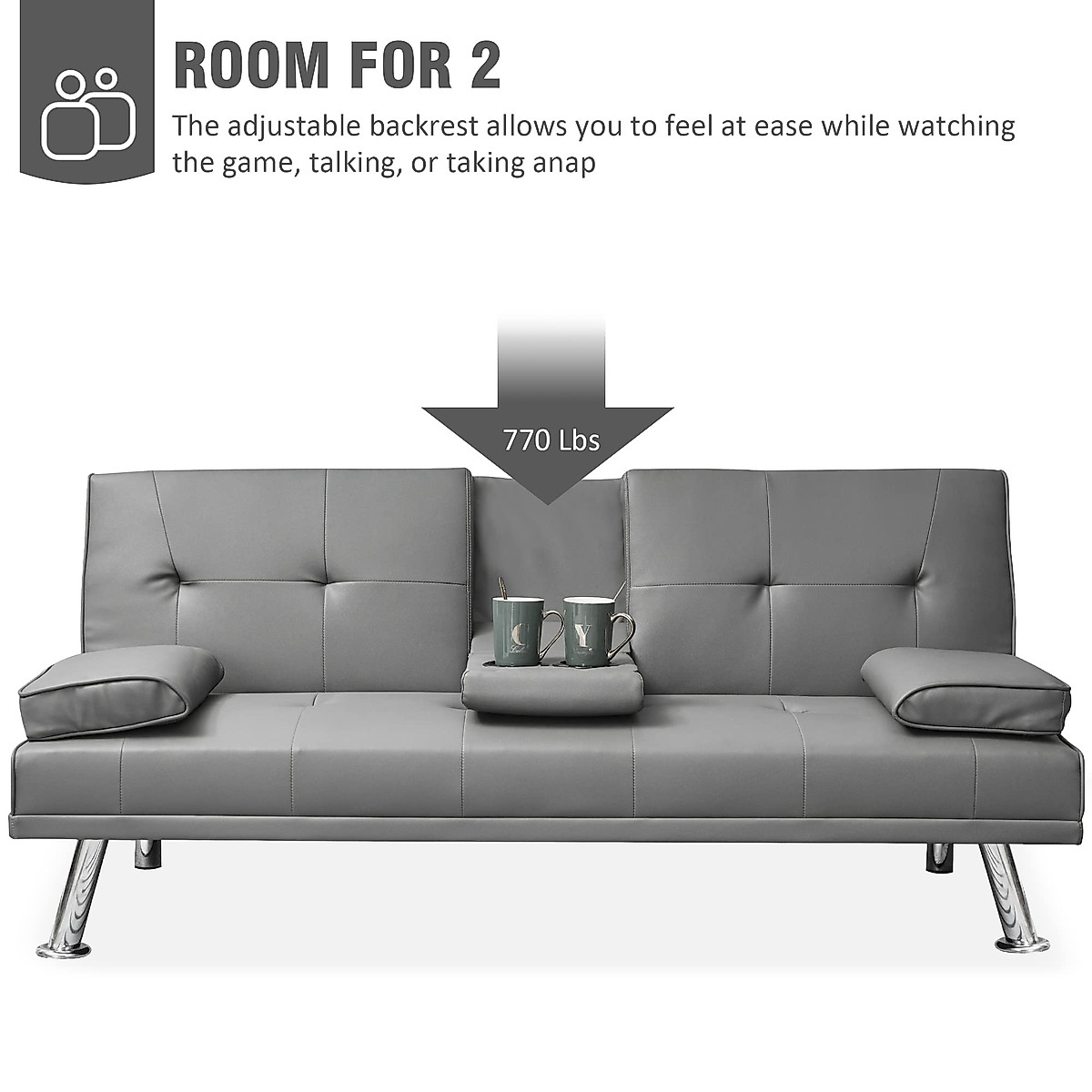 Ucloveria Futon, Multifunctional Foldable Recliner Sleeper Sofa w/ 2 Cup Holders, Loveseat Daybed Guest Bed for Compact Living Spaces, Apartments, Dorms, w/Removable Armrests, Gray(Faux Leather)