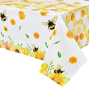 WERNNSAI Bee Party Tablecloth - 2 Pack 108'' X 54'' Bee Birthday Party Supplies for Kids Girls B-Day Baby Shower Bumblebee Themed Party Decoration Large Plastic Disposable Table Cover