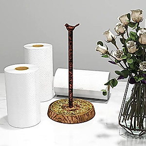 UXZCVIO Paper Towel Holder Cast Iron Bird Stand with Heavy Duty Wood Base, Paper Hanger Rack for Kitchen Countertop Fits Standard and Jumbo Size Paper Towels Standing Paper Towel Roll Dispenser