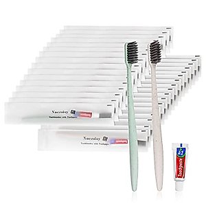 Xuezoioy Disposable Toothbrushes with Toothpaste,60 Pack Individually Wrapped Disposable Travel Toothbrushes Kit in Bulk for Homeless,Nursing Home,Hotel,Charity (Apricot+Green)