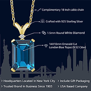 Gem Stone King 18K Yellow Gold Plated Silver London Blue Topaz and White Diamond Pendant Necklace For Women (9.52 Cttw, Gemstone Birthstone, with 18 Inch Chain)
