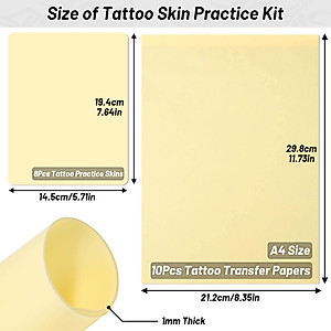8Pcs Tattoo Practice Skins & 10Pcs Tattoo Transfer Papers, modacraft 5.7x7.6" Double Sides 1mm Thick Soft Silicone Thin Fake Skin Tattooing Practice Kit for Beginners Experienced Tattoo Artists