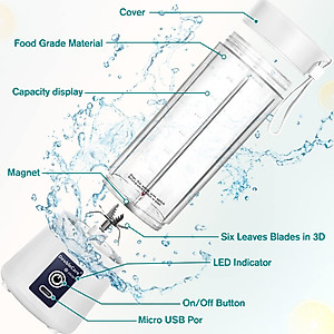 Portable Blender for Shakes and smoothies with Scale, 4000mAh Personal Electric Blender 15.2 oz,150w 6-Blades Blender Bottles, USB Rechargeable Mini Fruit Juicer for Travel, Office, Outdoors