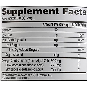 Ovega-3 Vegan Algae Omega-3 Daily Supplement, Supports Heart, Brain & Eye Health*, 500 mg Omega-3s, 135 mg EPA + 270 mg DHA, Fish Oil Alternative, No Fishy Aftertaste, Vegetarian Softgels 60 CT