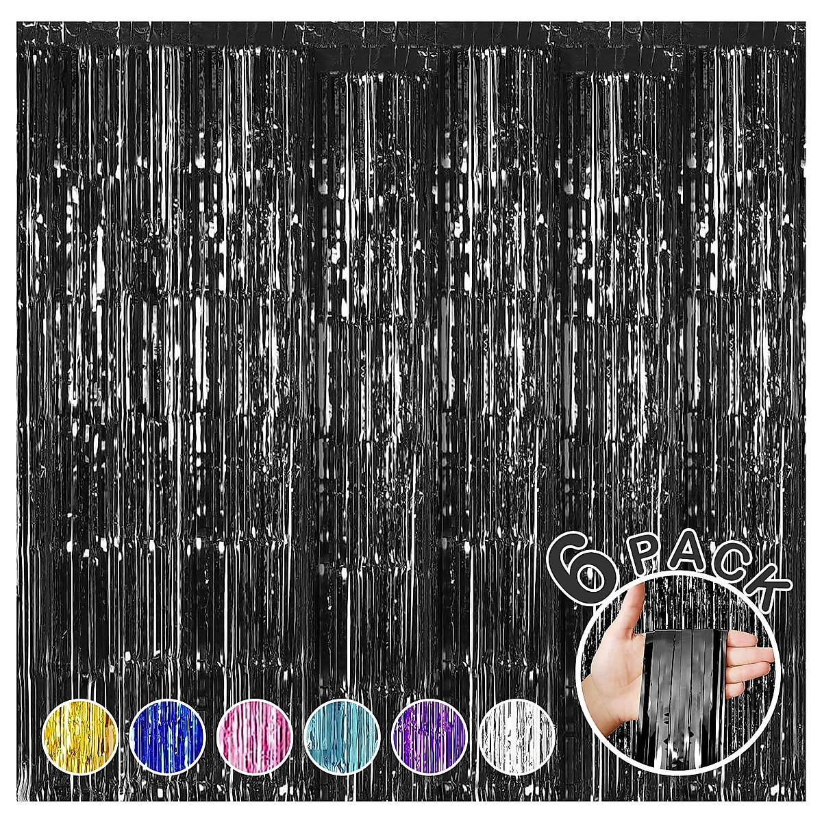 6 Pack Foil Fringe Backdrop Curtains, 3.28 x 8.2 ft Black Tinsel Streamers Metallic Tinsel Foil Fringe Curtains Photo Booth Backdrop for Birthday Wedding Graduation Halloween Party Decorations