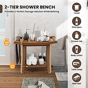 GOFLAME 2-Tier Shower Bench, Spa Bath Shower Stool with Curved Seat, 2 Easy-to-Grip Handles, Storage Shelf & Non-Slip Foot Pads, Waterproof Shower Chair for Bathroom, Living Room, Entryway, Brown