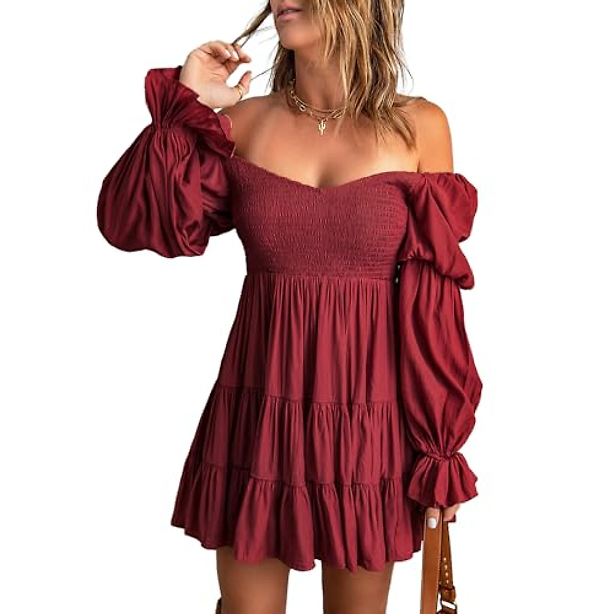 Dokotoo Womens Juniors Cute Spring Casual Summer Dress Sexy Off The Shoulder V Neck Long Sleeve Ruffle Solid Flowy Empire Waist Mini Short Dress Party Birthday Dresses for Women Red Large