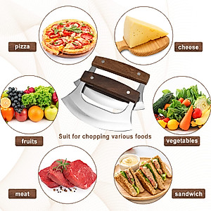 Hanaive 2 Set Pizza Cutter Mezzaluna Ulu Knife with Base Salad Veggies Chopper Slicer Cutter Mezzaluna Knife Cleaver Chopping Salad Chopper Stainless Steel Blade for Chef