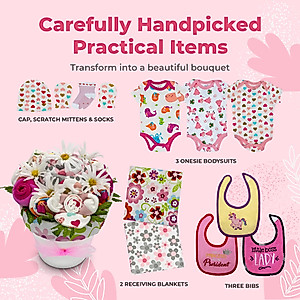 Deluxe Baby Blossom Clothing Bouquet | Newborn Baby Girl Gift Set | Baby Gift Basket for Expecting Moms | New Baby Gift Basket | Pink Baby Gift Set | Baby Girl Outfits | Nikki's Gift Baskets
