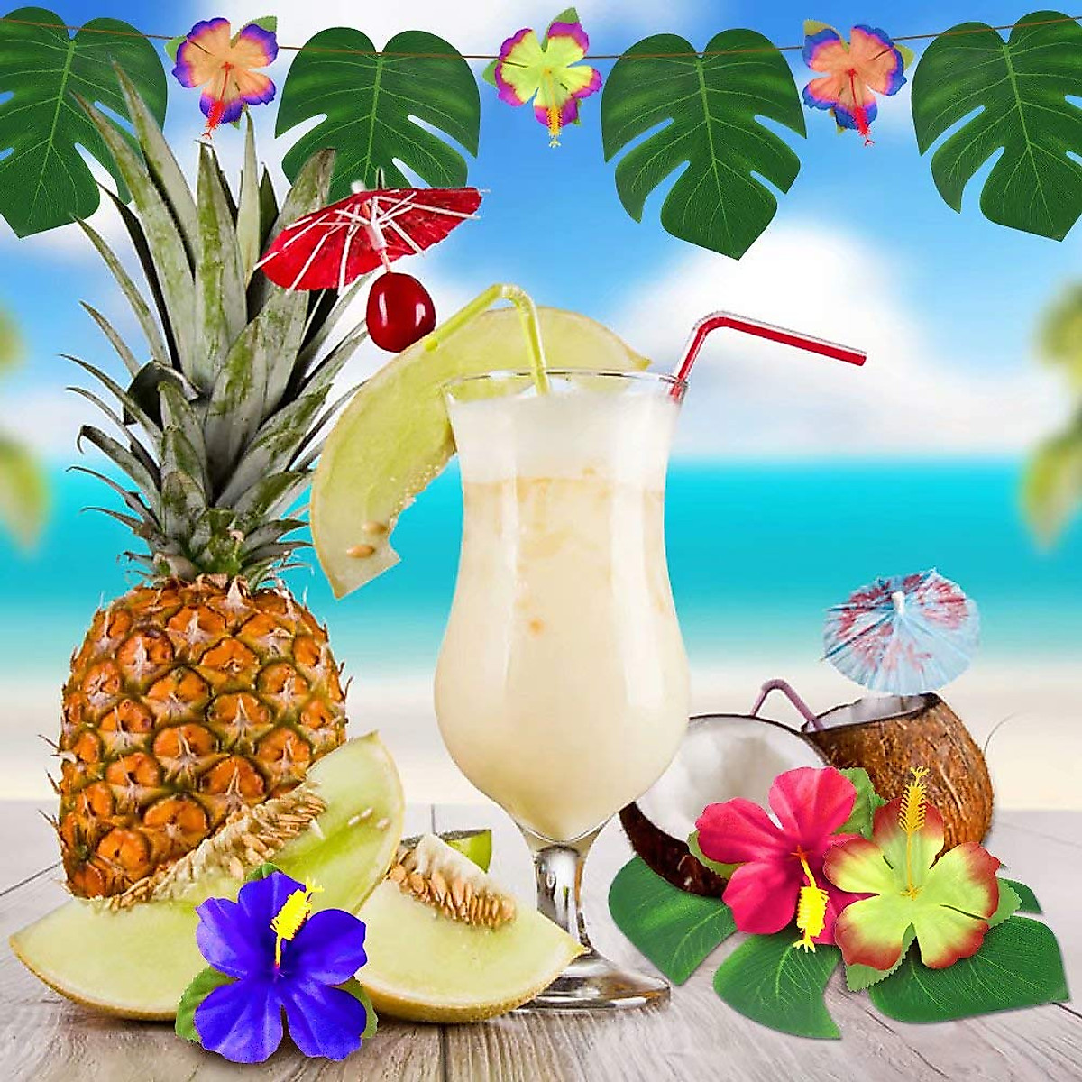 60Pcs Tropical Party Decorations Supplies Tropical Palm Leaves Hibiscus Flowers Simulation Artificial Leaf for Hawaiian Luau Safari Party Jungle Beach Theme BBQ Birthday Table Decor