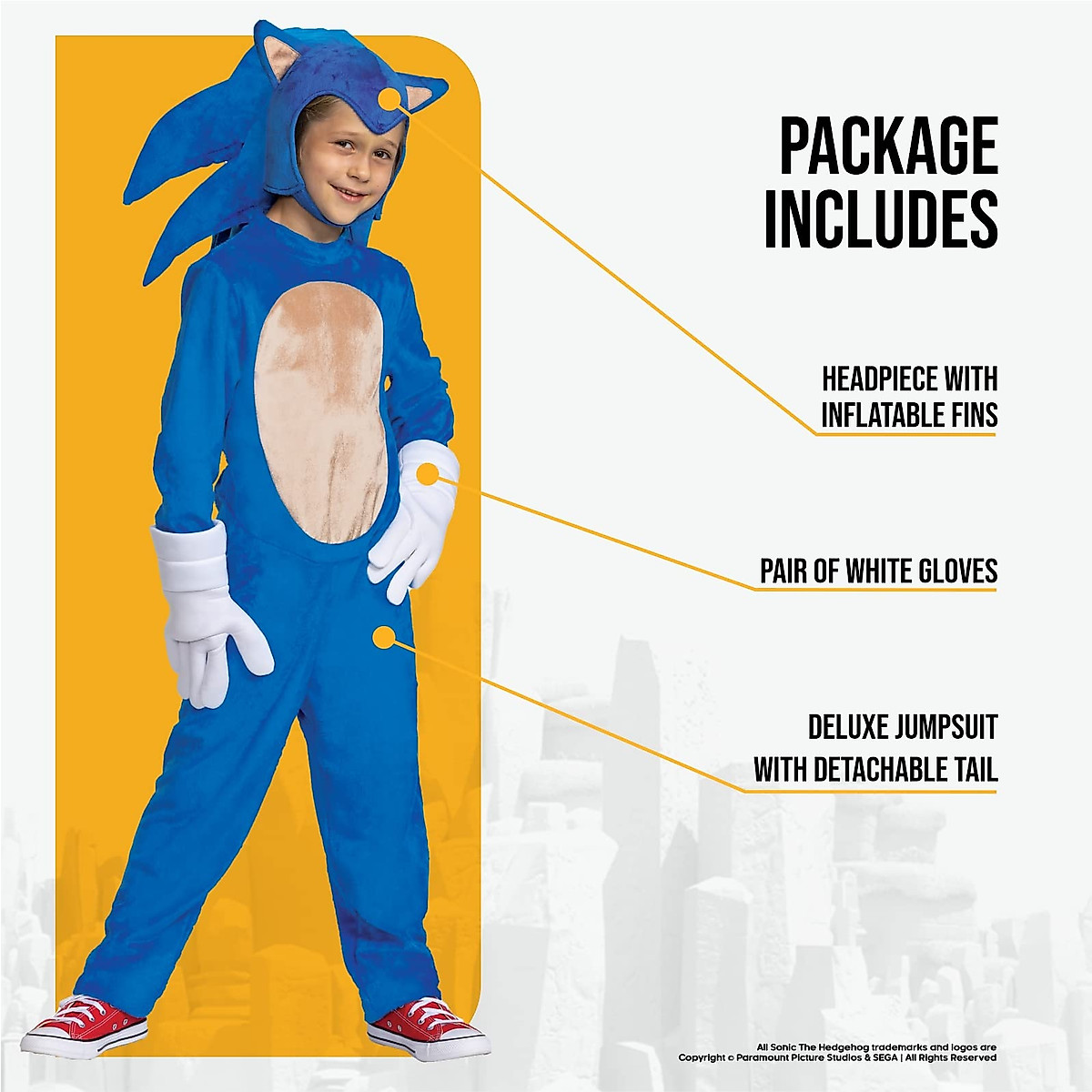 Sonic the Hedgehog Costume, Official Deluxe Sonic Movie Costume and Headpiece, Kids Size Large (10-12)
