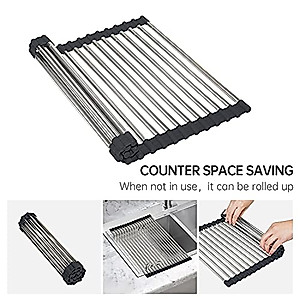CHIRISEN Adjustable Large Roll Up Dish Drying Rack 12.8" X20.6" Collapsible Over The Sink Rack Non-Slip Silicone Rolling Dish Drainer SUS304 Stainless Steel Roll Rack for Kitchen Counter Organizer