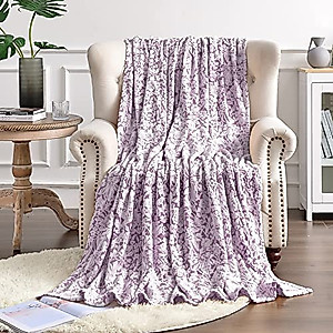 FY FIBER HOUSE Flannel Fleece Throw Blanket Super Soft Lightweight Microfiber with Flower Print for Couch, 50"X60", Lavender