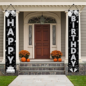 Black White Silver Birthday Door Banner Decorations for Men Women, Black Silver Happy Birthday Porch Sign Party Supplies, 16th 21st 30th 40th 50th 60th 70th 80th 90th Birthday Backdrop Decor