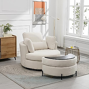 360° Swivel Accent Barrel Chair and Half Crescent Moon Storage Bench Large Ottoman with 4 Pillows,Upholstered Oversized Leisure Round Loveseat Recliner Sofa Chaise Lounge Circle Armchair for Club