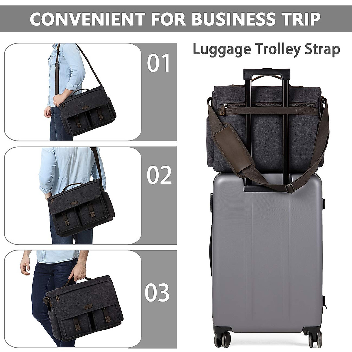 VASCHY 17inch Laptop Messenger Bag, Men's Vintage Water Resistant Canvas Satchel Briefcase Shoulder Bag for Work with Padded Shoulder Strap Gray