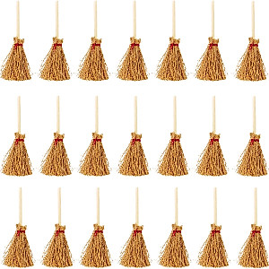 GXXMEI 20PCS Miniature Artificial Mini Straw Brooms with Red Ropes Halloween Straw Craft Decoration Witches Accessory for Costume Cosplay Party