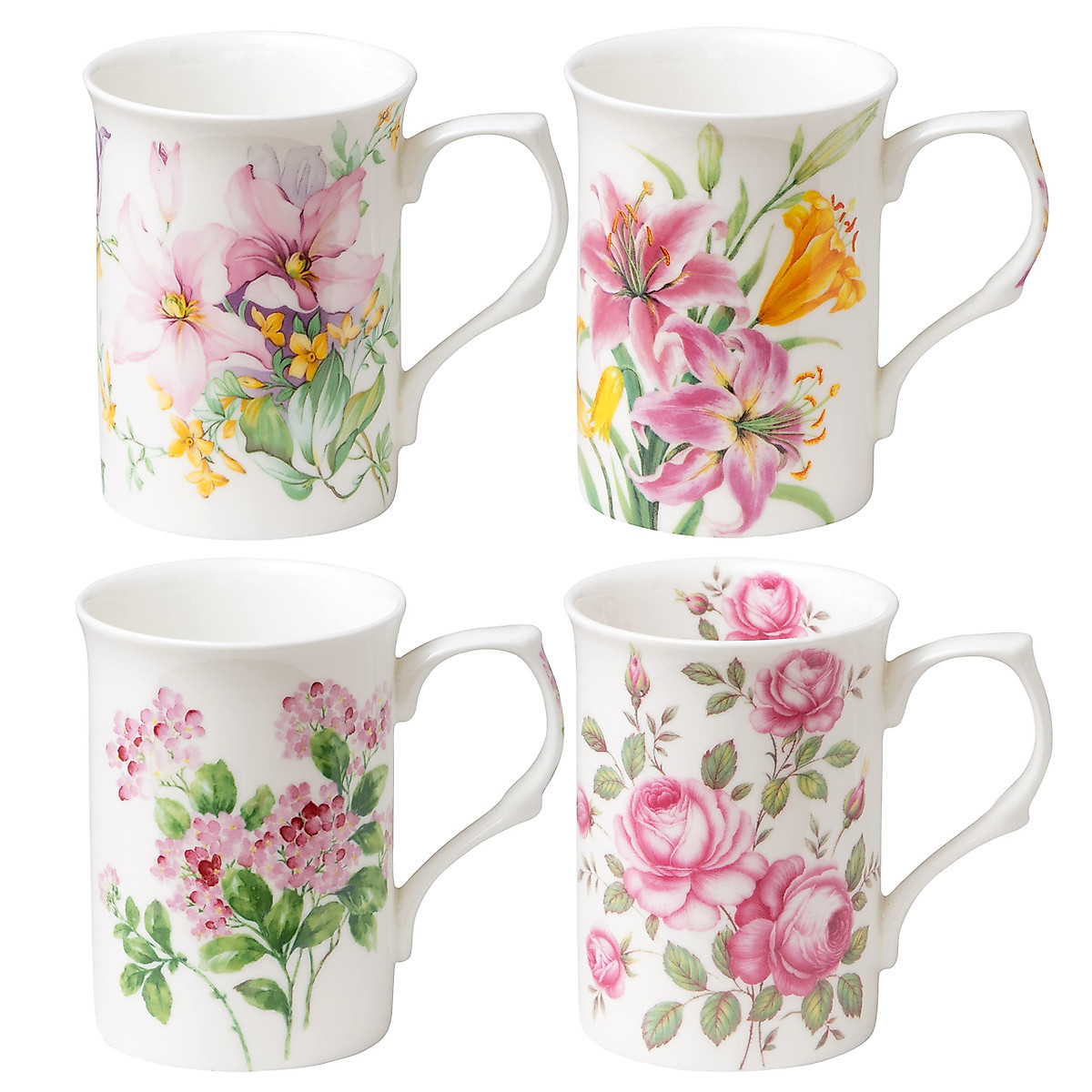 Grace Teaware Bone China Coffee Tea Mugs 9-Ounce, Assorted Set of 4 (Spring Floral)