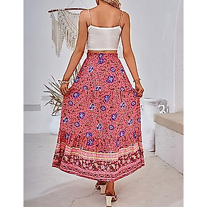 ZESICA Women's 2025 Summer Bohemian Floral Printed Elastic Waist A Line Maxi Skirt with Pockets,Floral Red,Small