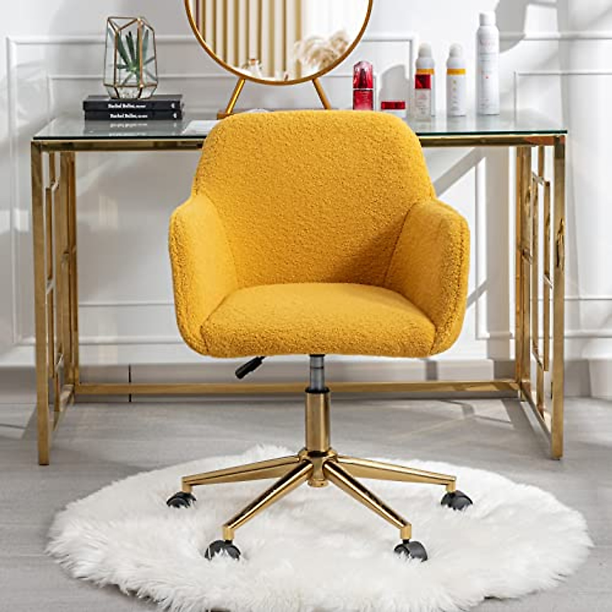 Goujxcy Home Office Chair, Furry Desk Chair Upholstered Fluffy Vanity Chair Modern Task Chair Accent Chair Adjustable Swivel Chair