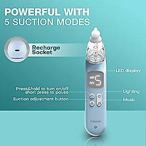 Baby Nasal Aspirator Electric, MISSAA Nasal Aspirator for Baby with 5 Suction Modes Baby Nose Sucker, Nose Aspirator for Toddler, Automatic Nose Cleaner, Music & Light Soothing