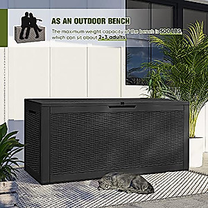GUNJI 100 Gallons Outdoor Storage Box Waterproof Large Resin Deck Box Patio Storage Bench Lockable Storage Container for Outdoor Cushions, Pool Supplies and Garden Tools (Black)