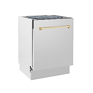 ZLINE Autograph Edition 24" 3rd Rack Top Control Tall Tub Dishwasher in Stainless Steel with Gold Handle, 51dBa (DWVZ-304-24-G)