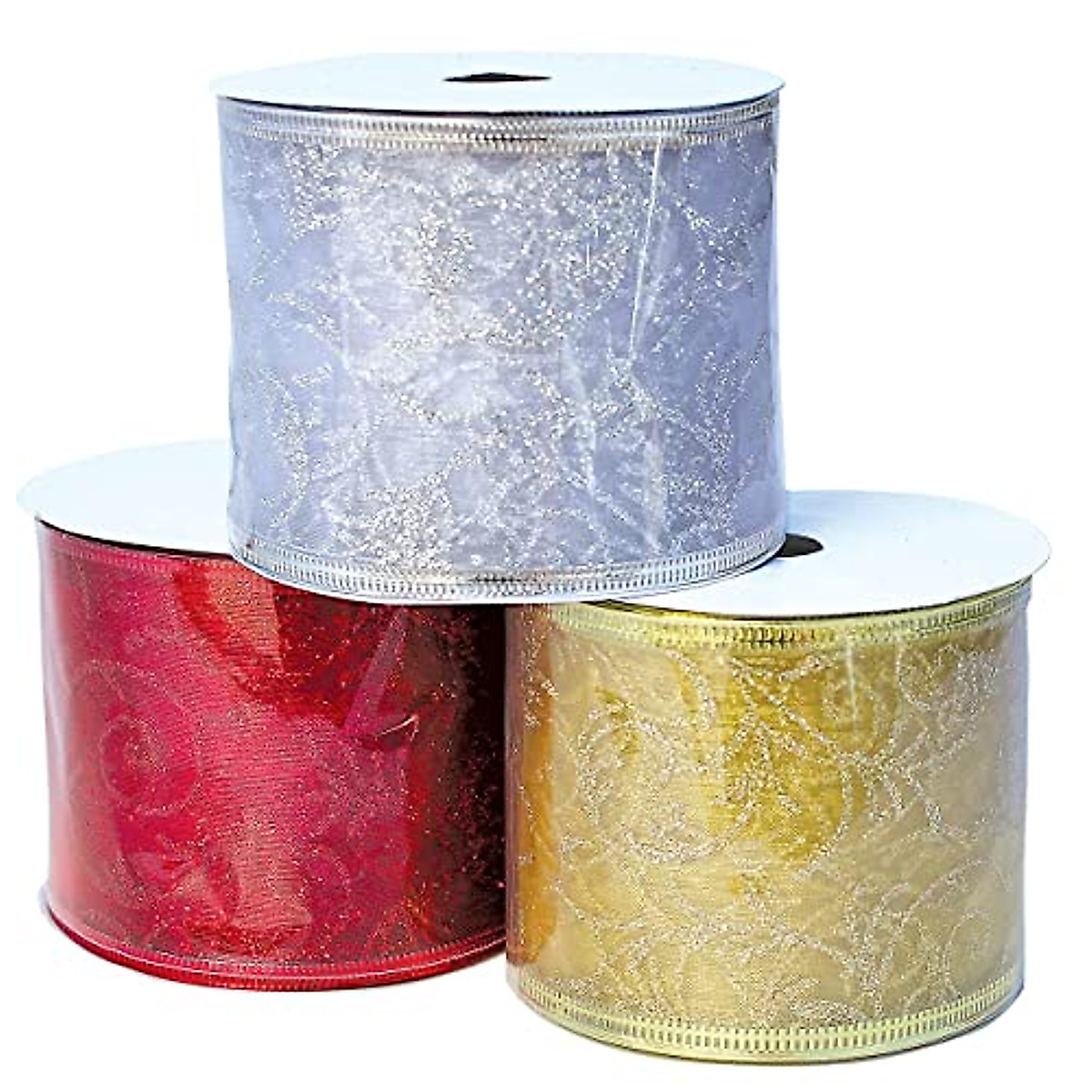 Holiday Ribbon Christmas Ribbons Xmas Wired Sheer 2.5 Organza Wire Edged Red, Gold, Silver/White Glitter Holidays Gift Wrapping, Tree Decoration Crafts/Craft, Gifts Wrap 30 Yards/10 Yard Ea. Roll