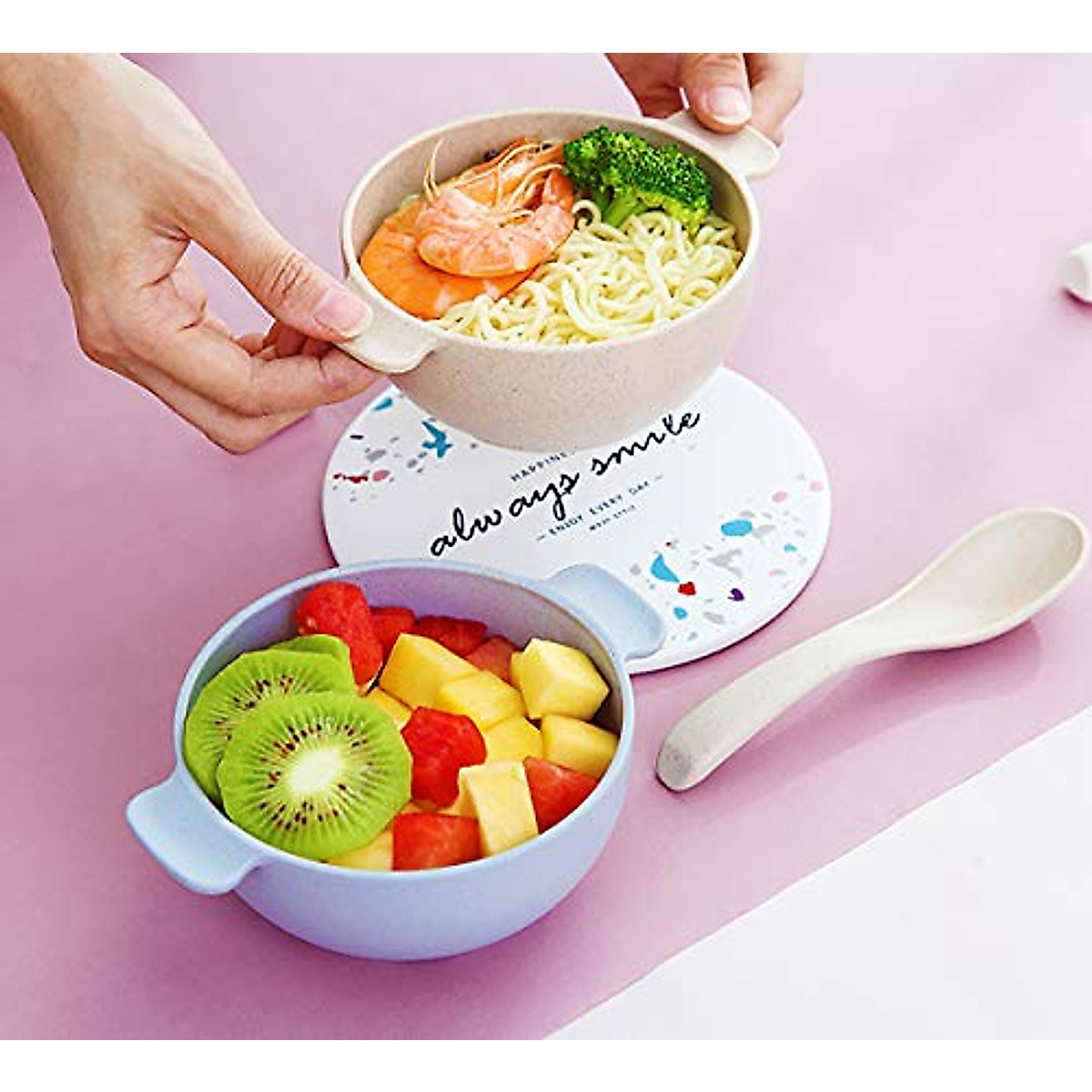 Nicunom 13 OZ Unbreakable Kids Plastic Bowls with Spoons, Reusable Cereal Bowl Wheat Straw Snacks Small Bowl Sets for Baby Kids Toddler, Microwave Dishwasher Safe,