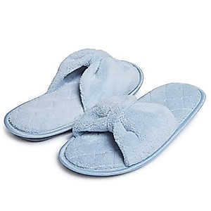 Laura Ashley Womens Plush Terry Open Toe Memory Foam Spa Slippers, Rubber Sole Bow Band Home Slides Slipper for Ladies, Resort Blue, Medium