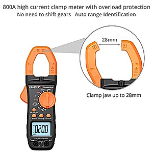 Proster Digital Clamp Meter TRMS 6000counts, 800A DC AC Current AC/DC Voltage NCV Continuity Capacitance Resistance Frequency Diode Hz Test, with1 PairTest Leads 1 Pair Alligator Clips