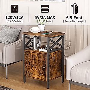 LDTTCUK Side Table with Charging Station, End Table with Power Outlet & USB Ports, Nightstand with 2 Tiers Storage Space and Storage Cabinet, Sofa Side Tables for Bedroom, Living Room,Office,Brown