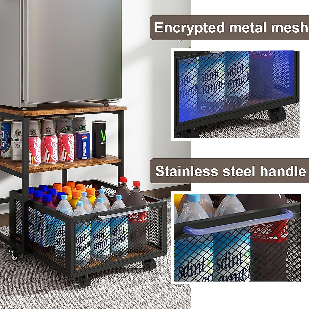 PUNCIA 19.7x19.7in Mini Fridge Stand with Storage and Wheels Heavy Duty Mini Fridge with 4 Lockable Wheels Table Beverage Refrigerator Stand for Coffee Bar Fridge Car for Office Home Bedroom Dorm