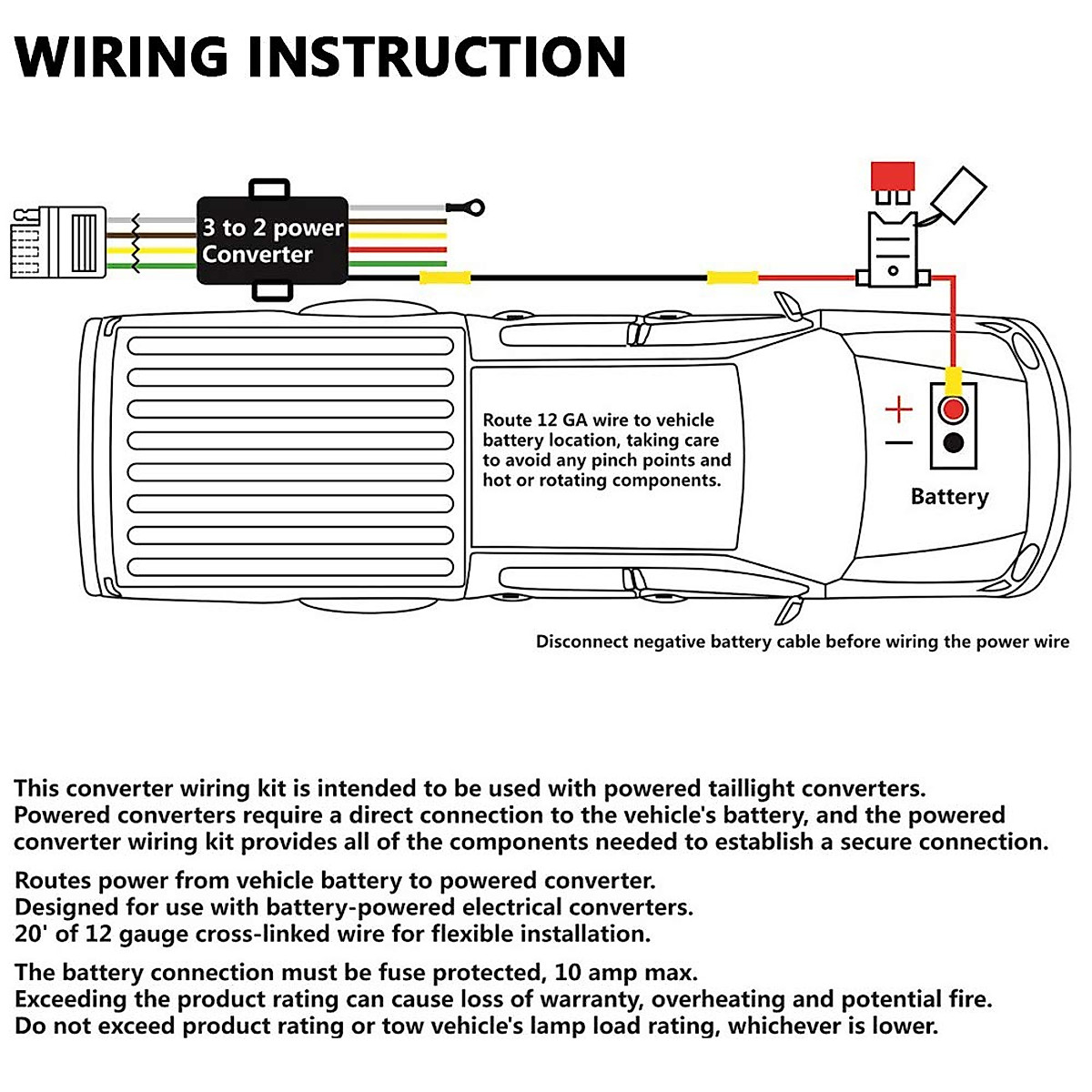 CARROFIX Powered Converter Wiring Kits for Trailer Tail Light Converter, 10 Amps, 20 FT of 12-Gauge Cross-Linked Wire