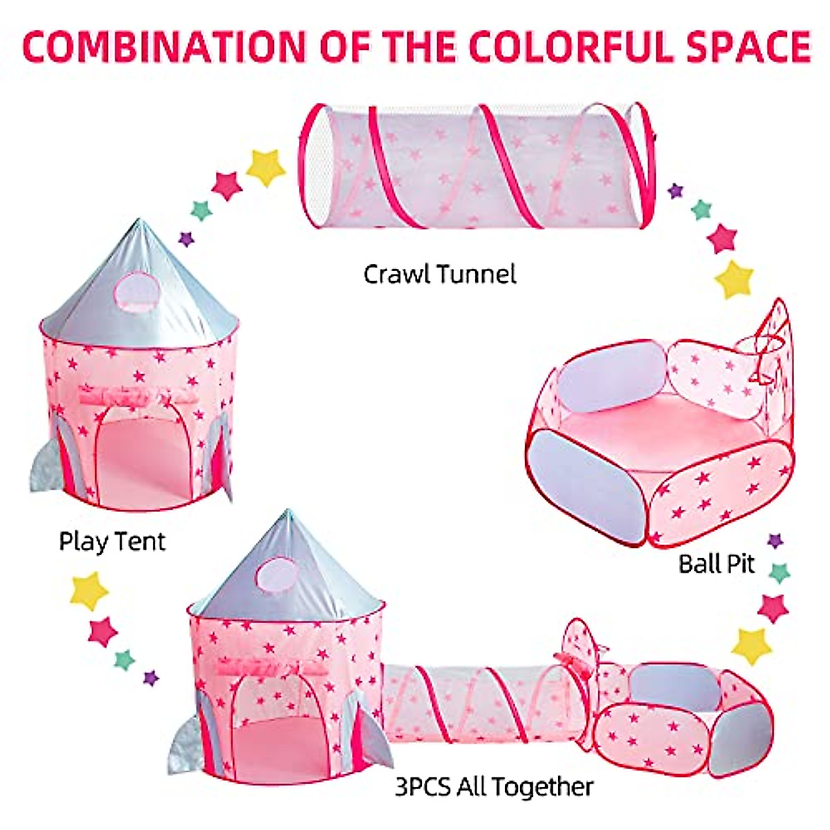 wilwolfer 3PC Princess Tent for Girls with Kids Play Tents, Crawl Tunnel and Baby Ball Pit for Toddlers, Pink Pop Up Playhouse Toys for Boys Indoor& Outdoor Games, Birthday Kid’s Gifts