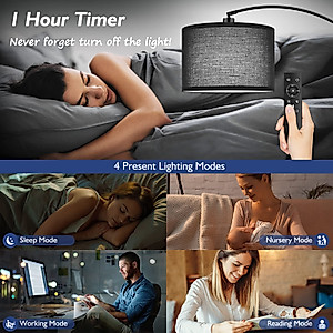 Arc Floor Lamps for Living Room, Modern Remote Control Standing Lamp with Stepless Dimmable, Black Tall Lamp with Black Drum Shade, Over Couch Arched Reading Light for Bedroom, Office(Bulb Included)