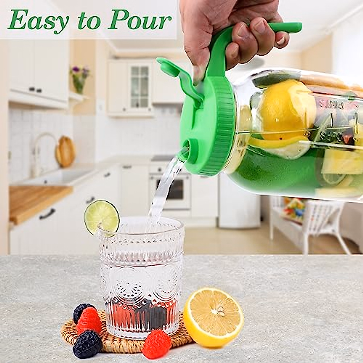 Mason Jar Pitcher With Pour Spout Handle Lid 32 OZ Wide Mouth Glass Pitcher 1 Quart Leak Proof Airtight Jugs With Flip Cap For Iced Coffee, Sun Tea, Lemonade, Cold Brew Tea, Milk