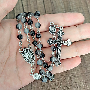 Rnivida Catholic Black Beads Rosary for Women, Miraculous Medal 6MM Glass Beads Rosary Necklace with Virgin Mary Metal & Cross