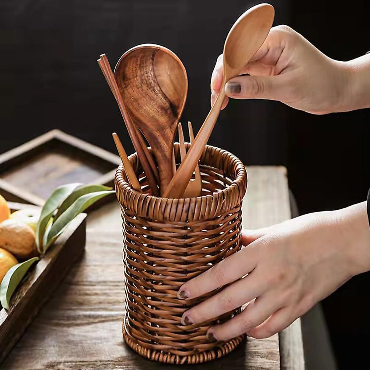 Didiseaon Silverware Utensil Holder Organizer Countertop Flatware Holder Woven Storage Basket Woven Cutlery Organizer Countertop Utensil Basket Imitation Rattan Basket Iron Chopsticks