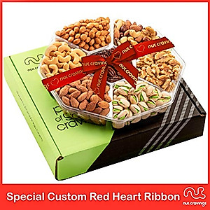 Mixed Nuts Gift Basket + Heart Ribbon (7 Assortments) Purim Mishloach Manot Gourmet Food Bouquet Arrangement Platter, Birthday Care Package Tray, Healthy Kosher Snack Box, Her Him Women Men