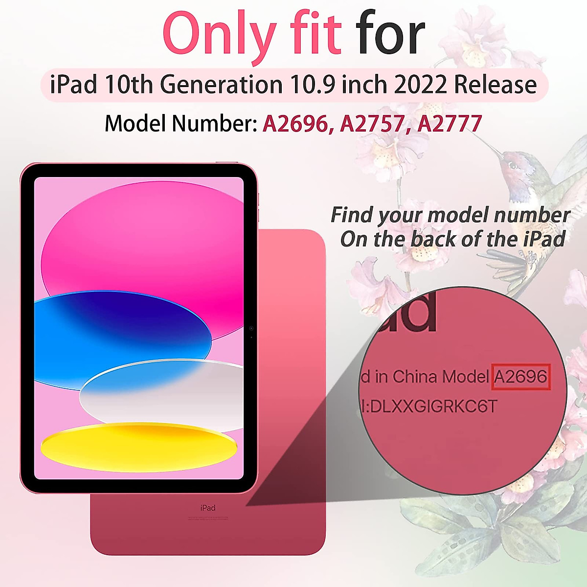 Compatible with iPad 10th Generation Case 10.9 inch(2022 Model),Protective Cover for iPad Case 10th Generation,Auto Wake/Sleep Cover,Pencil Holder(Pink Flower Hummingbird)