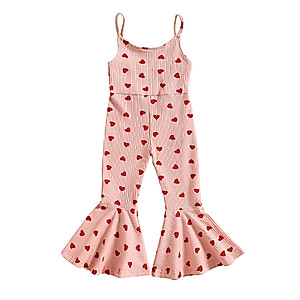 Guodeunh Toddler Baby Girls Bell-Bottoms Jumpsuit Ribbed Sleeveless Spaghetti Straps Romper Heart Print Valentine's Day Outfit (Pink, 4-5T)