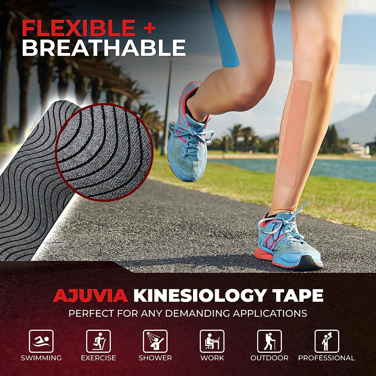 AJUVIA Professional Kinesiology Tape Roll, Premium Synthetic Kt Tape (2 Rolls, 10% Bonus, 40 + 4 Strips Precut) Lasts up to 14 Days, K Tape Precut Strips, Sports Tape Athletic